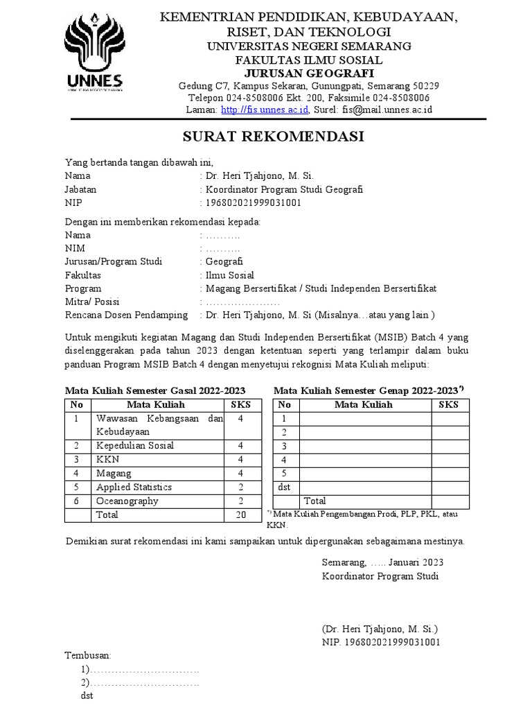 Contoh Form Surat Rekomendasi Dari Prodi Utk Masib Batch 4 | PDF