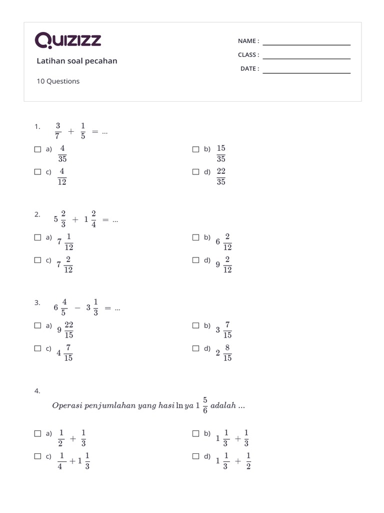 Latihan Soal Pecahan - Print - Quizizz PDF | PDF