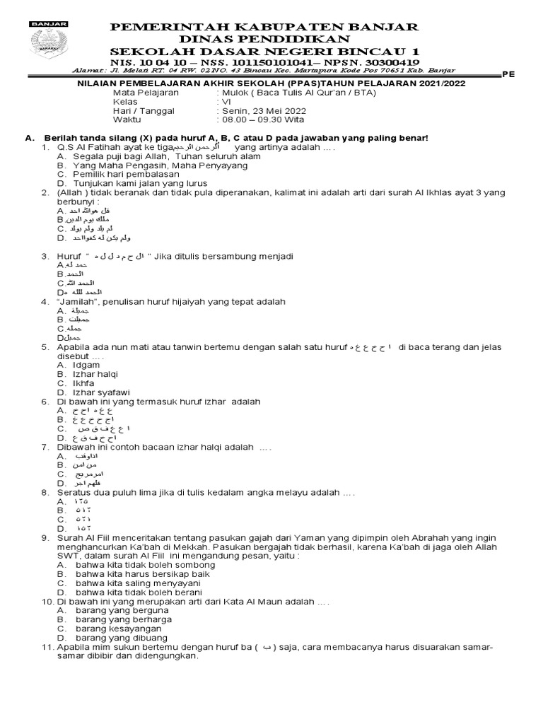 Soal PPAS MULOK BTA Tahun 2022 | PDF