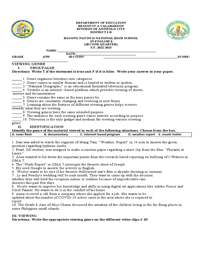 Viewing Genre Quiz Edz | PDF | Genre | Mass Media