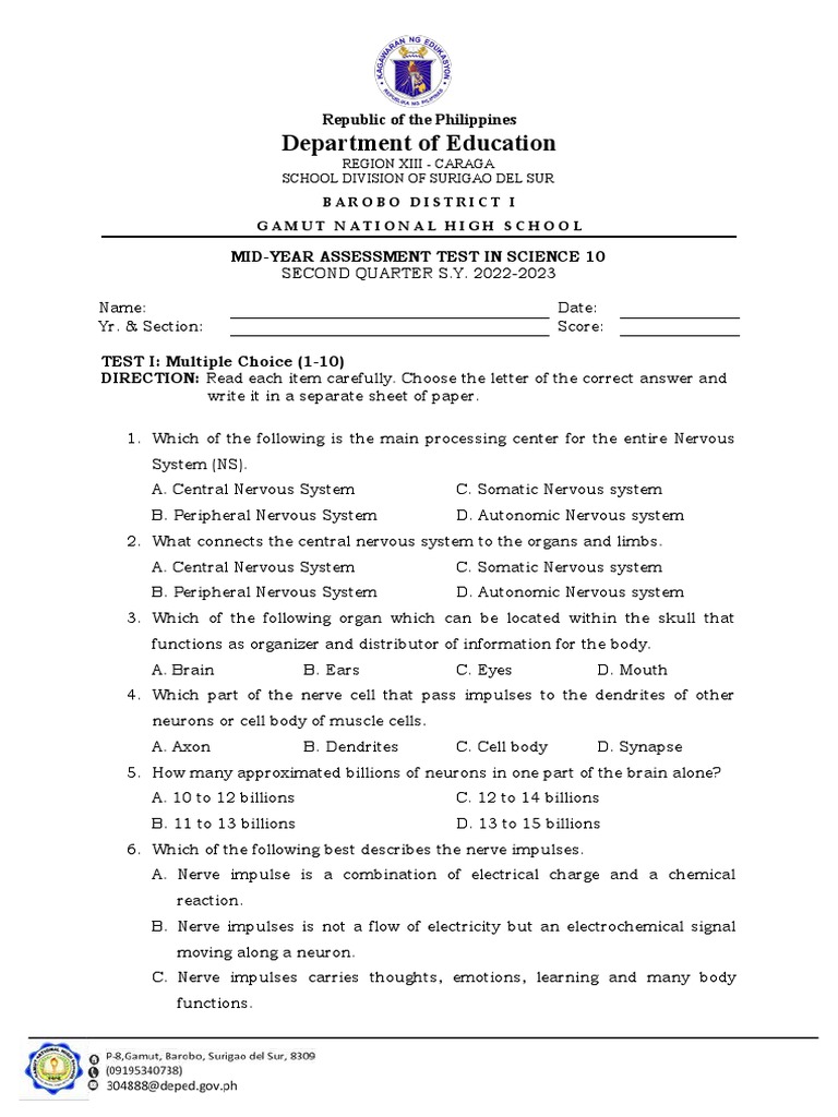 Mid-Year Assessment Test in Science 10: Nervous System and Reproductive ...