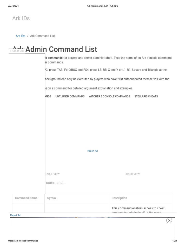 Ark Commands List - Ark IDs | PDF | Computing | Software