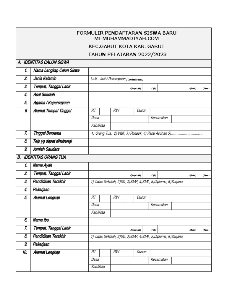 Formulir Pendaftaran Siswa Baru | PDF