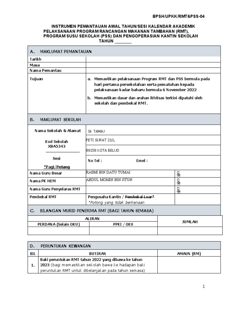 Instrumen Pemantauan Awal Tahun-Kalendar Akademik RMT PSS Kantin Revised 22 Februari 2023 | PDF
