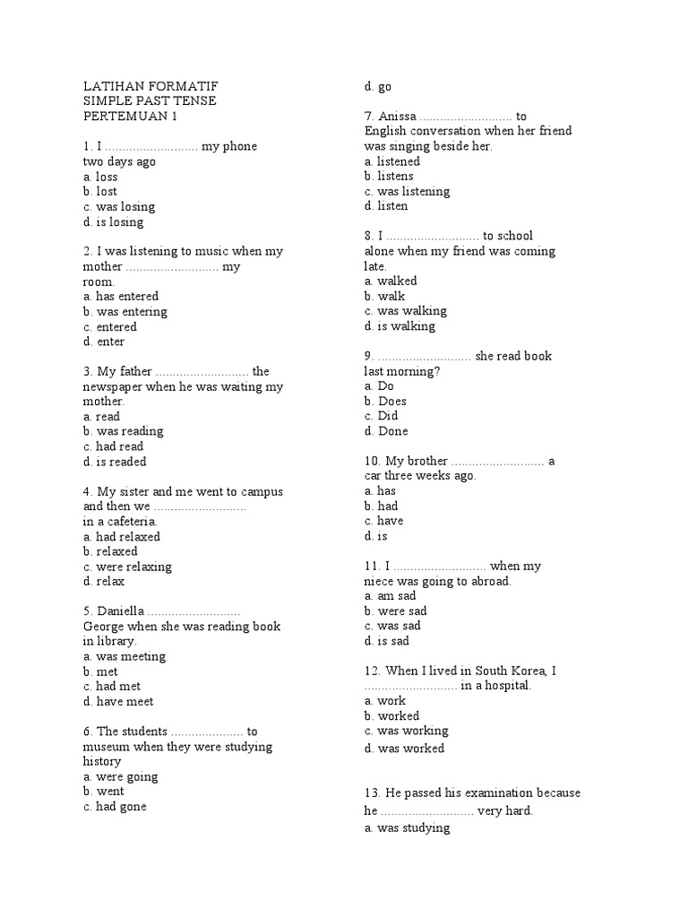 Simple Past Tense Formative Exercises | PDF