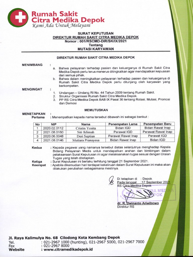 Mutasi Karyawan RS Citra Medika | PDF