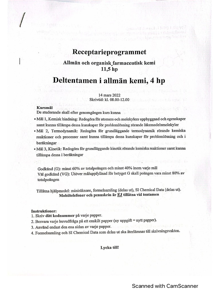 Tentamen I Allmän Kemi 14 Mars 2022 PDF | PDF