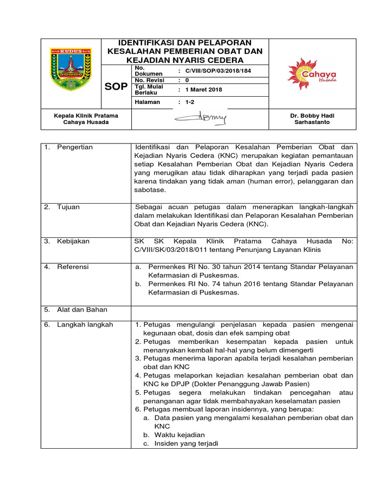 Sop Identifikasi Dan Pelaporan Kesalahan Pemberian Obat Dan Kejadian Nyaris Cedera | PDF