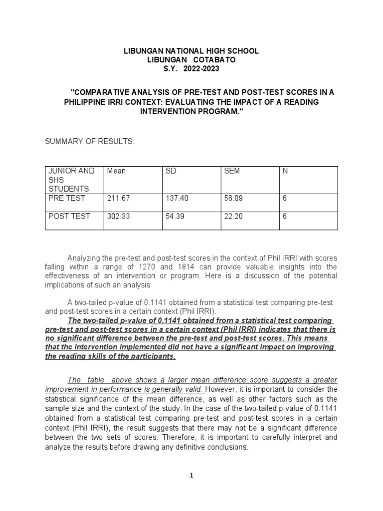 Pre Test | PDF | Reading Comprehension | P Value