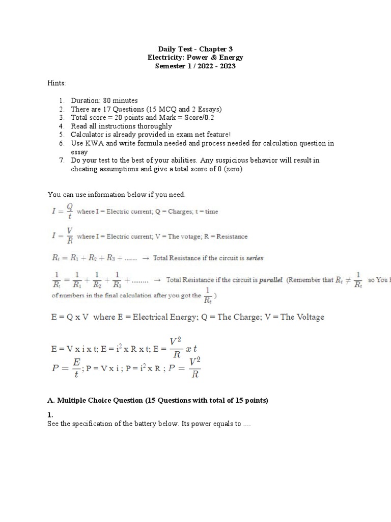 Daily Test 9 Laurensia Dinamic Electricity | PDF | Electric Power ...