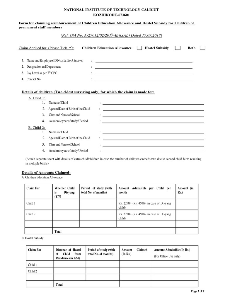 Children Education Allowance Form NITC 7th CPC | PDF | Government ...