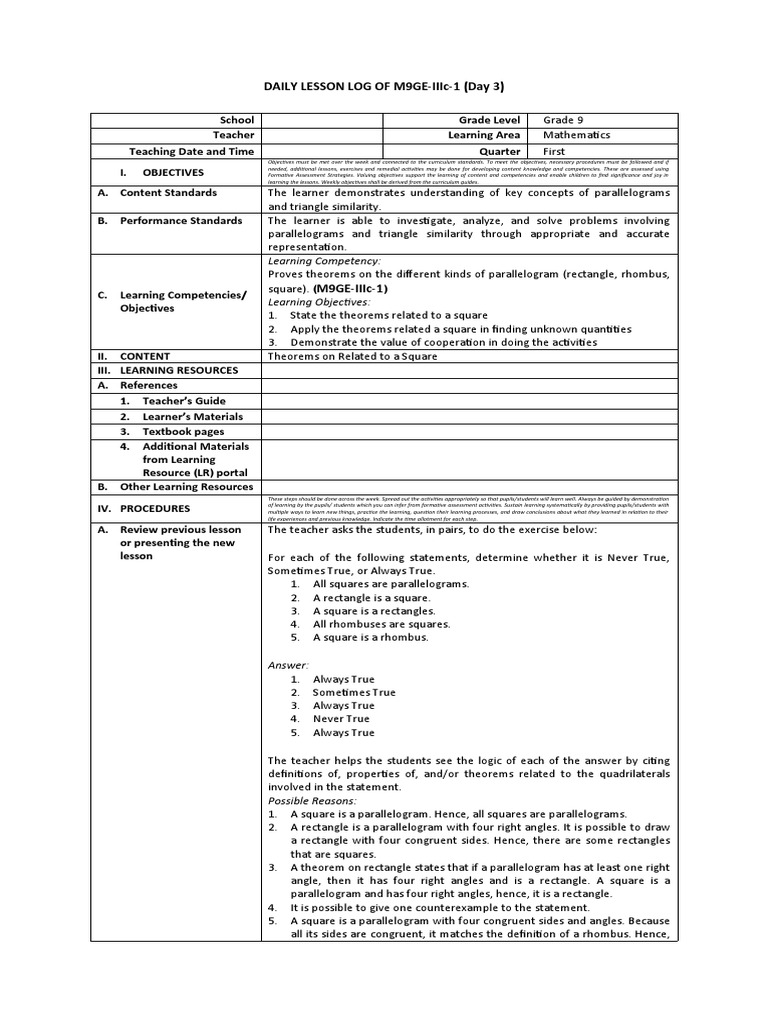 Theorems and Properties of Squares: Daily Lesson Log Applying Geometric Concepts | PDF ...