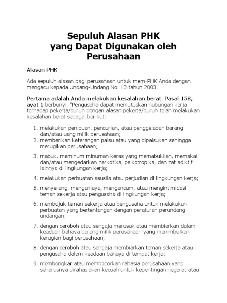 Sepuluh Alasan PHK | PDF