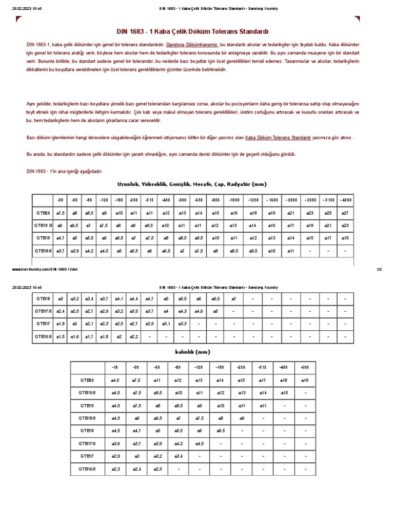 DIN 1683 - 1 Kaba Çelik Döküm Tolerans Standardı - Dandong Foundry | PDF