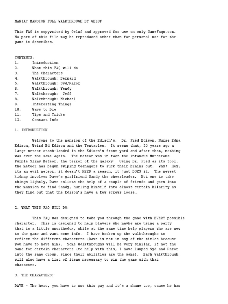 Maniac Mansion Complete Walkthrough | PDF | Manufactured Goods