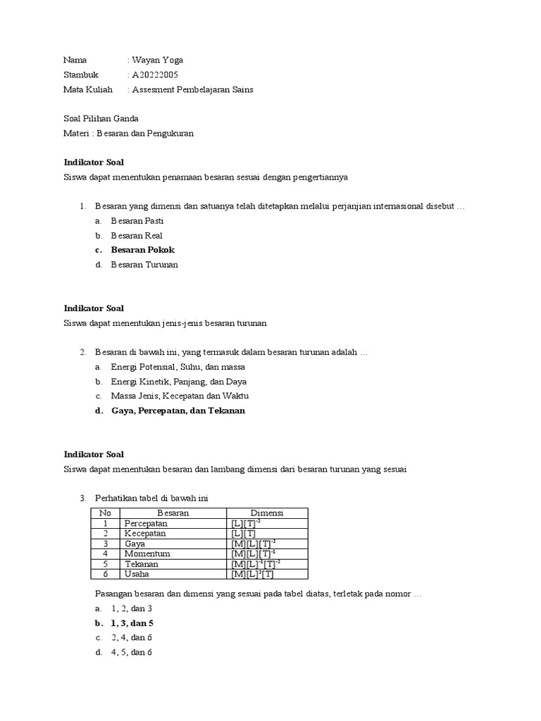 Soal Pilihan Ganda - Wayan Yoga - A20222005 | PDF