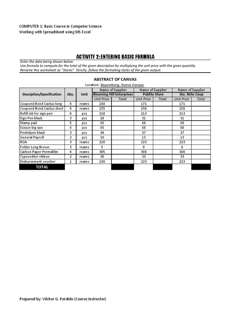 Activity 2 Entering Basic Formula in Excel PDF | PDF | Computing