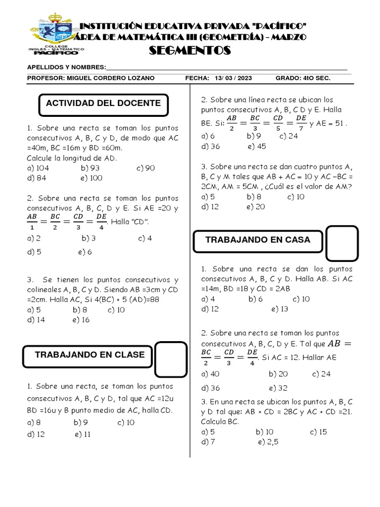 Segmentos 4to Sec PDF | PDF | Matemáticas | Geometría