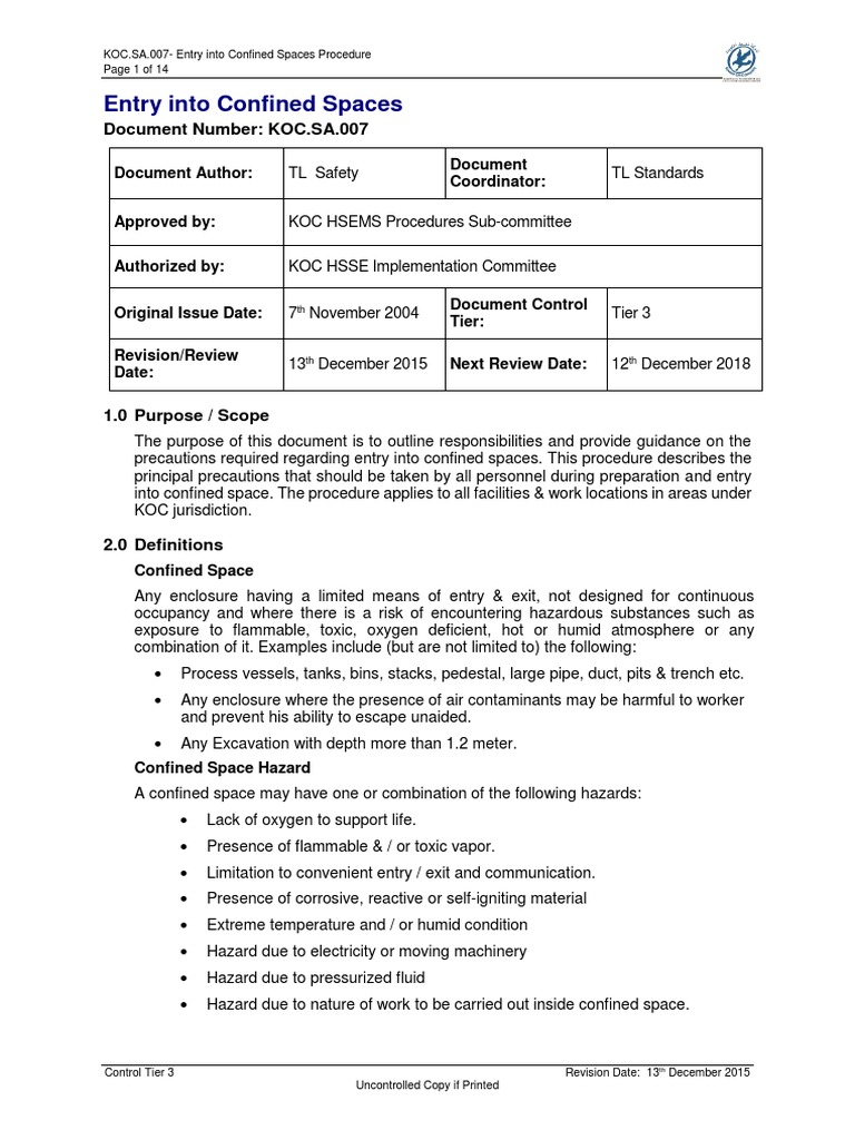 KOC Confined Space Entry Procedure | PDF | Working Conditions | Chemistry