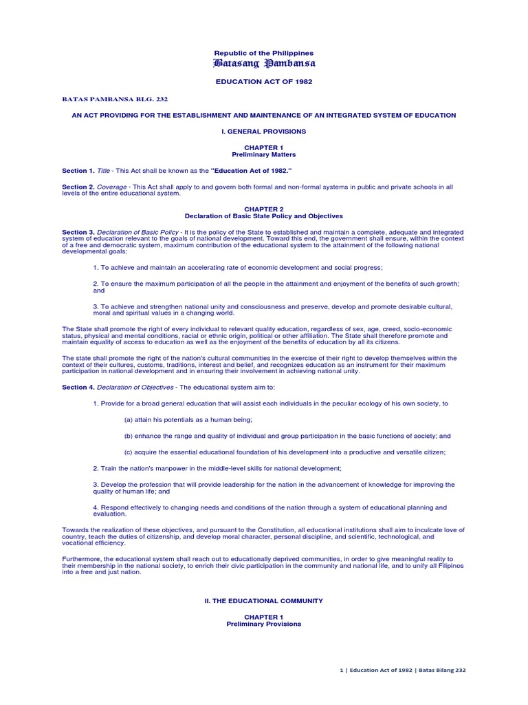 Education Act of 1982 (Batas Bilang 232) PDF | PDF | Teachers ...