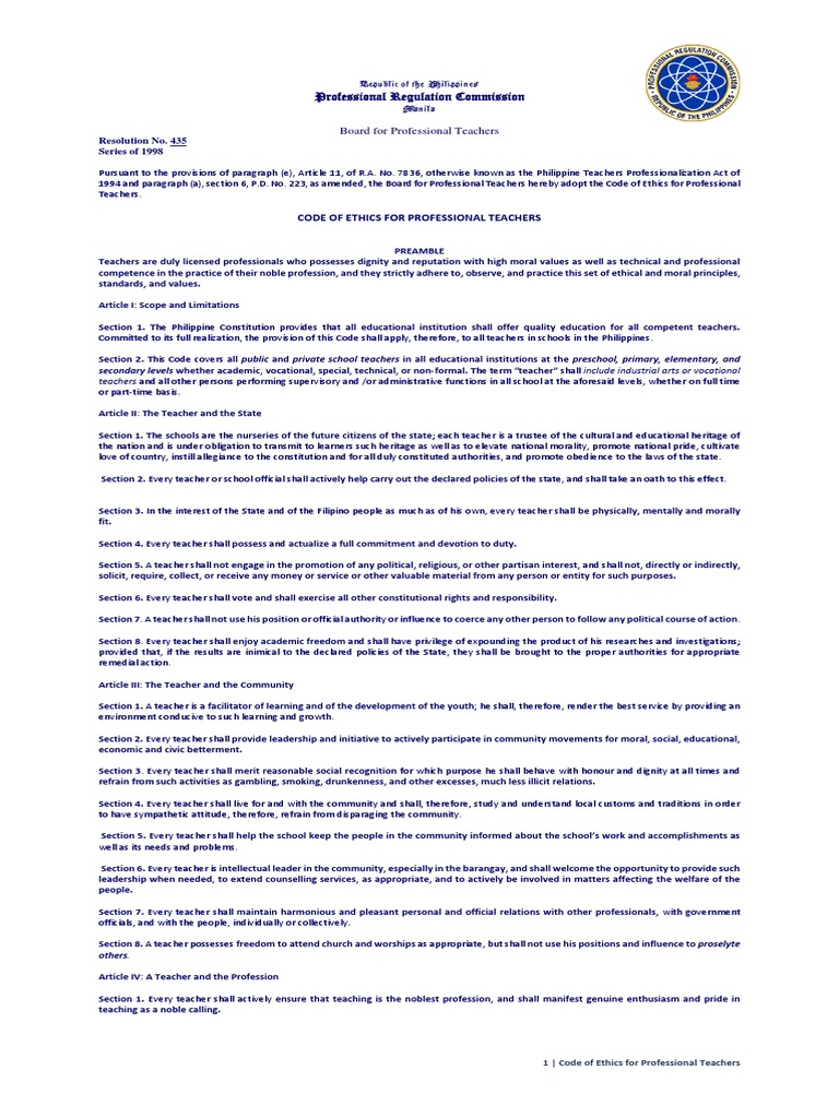 Reso No. 435 (Code of Ethics For Professional Teachers) PDF | PDF ...