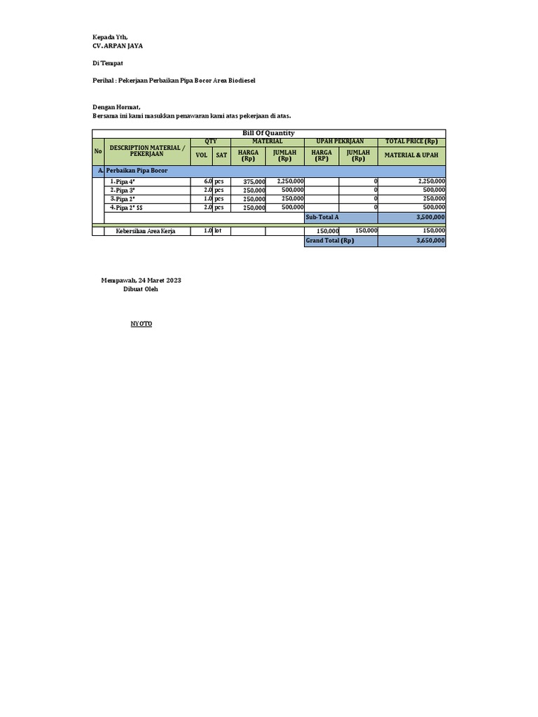 Cv. Arpan Jaya: Kepada Yth | PDF | Griya & Taman | Sains & Matematika