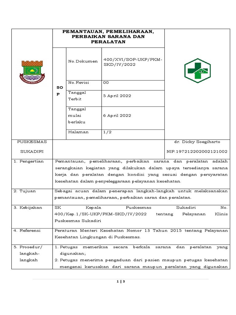Sop Pemantauan, Pemeliharaan, Perbaikan Sarana Dan Peralatan | PDF