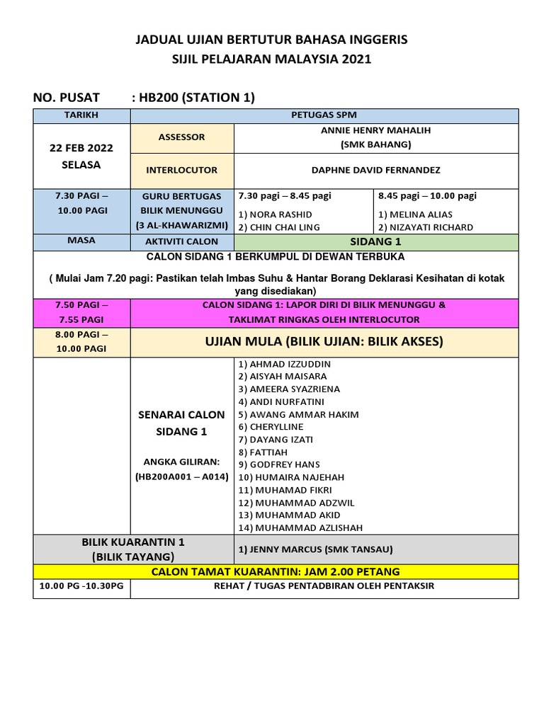 JADUAL UJIAN BERTUTUR BAHASA INGGERIS HB200 | PDF