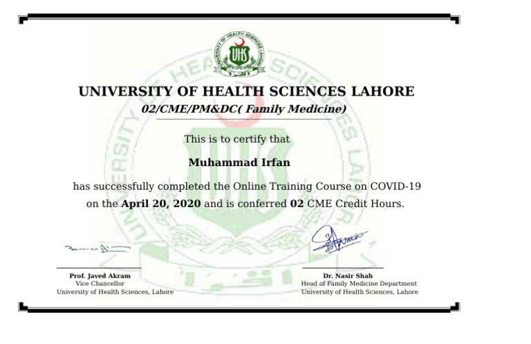 Online Training Course Certificate On COVID-19 by UHS | PDF