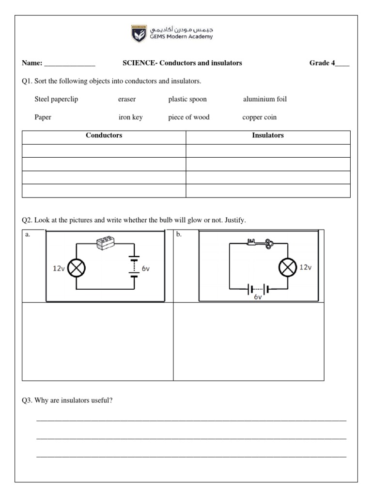 4th Grade Conductors and Insulators Worksheet | PDF | Home & Garden | Art