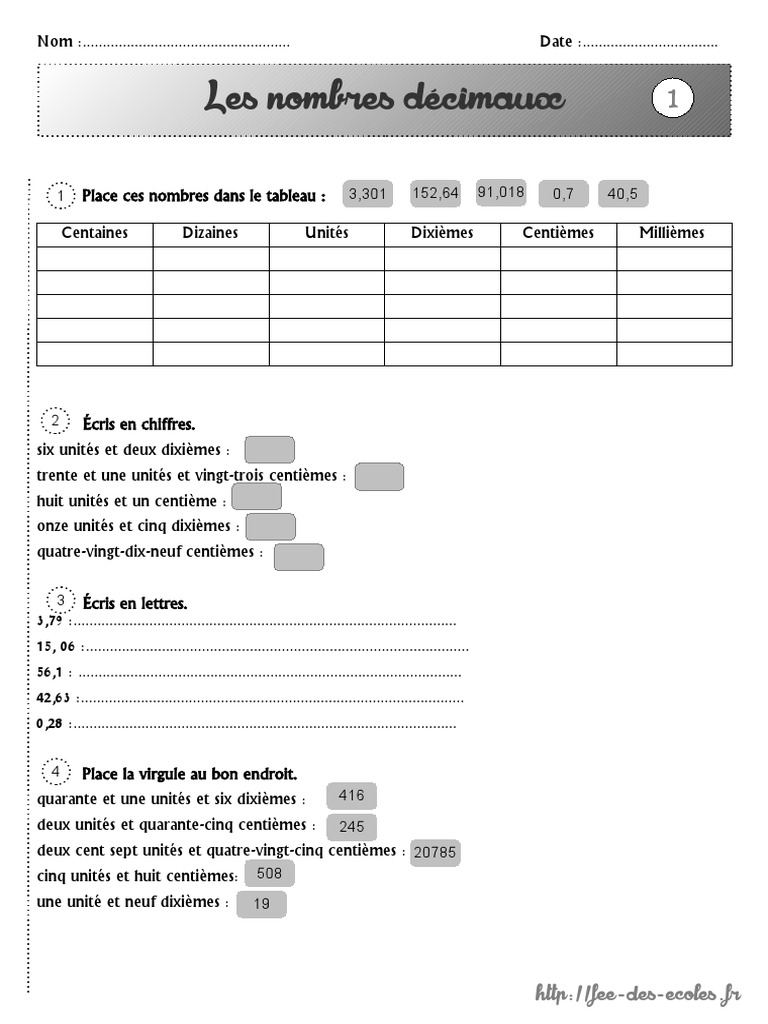 Évaluation des Nombres Décimaux CM1 | PDF | Méthodes et références ...