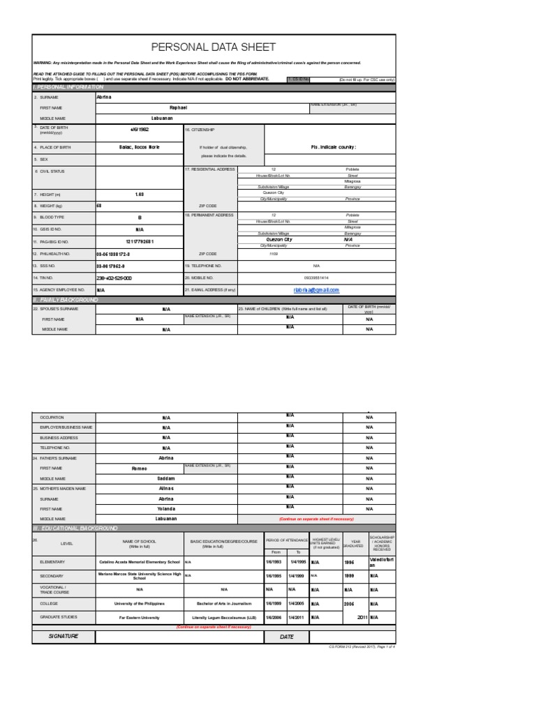CS Form No. 212 Revised Personal Data Sheet 2 - New | PDF | Government ...