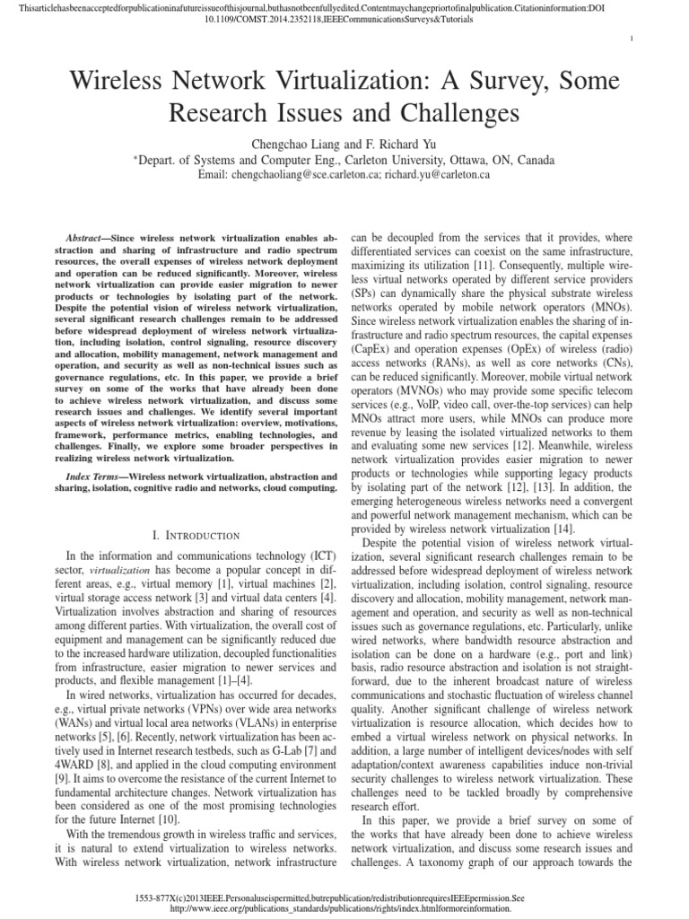 Wireless Network Virtualization: An Overview of Research Issues, Challenges and Enabling ...
