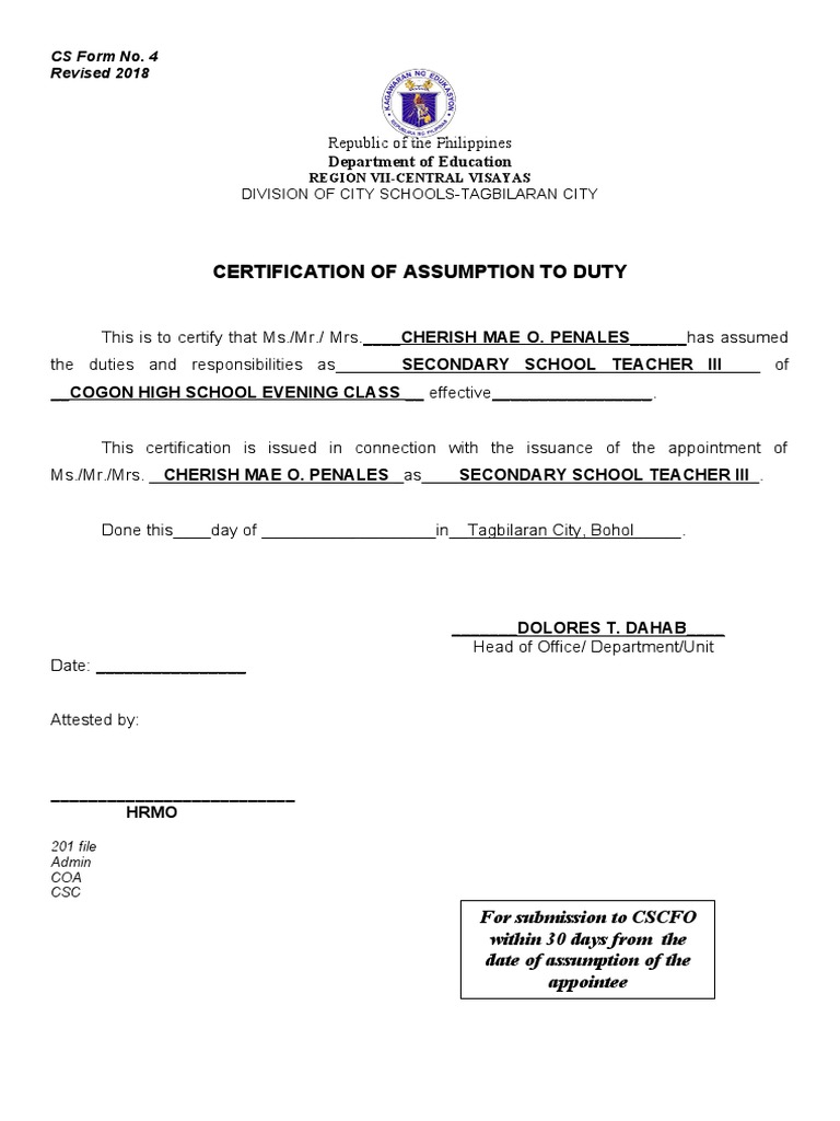CS-Form-No.-4-Certification-of-Assumption-to-Duty (PENALES) | PDF