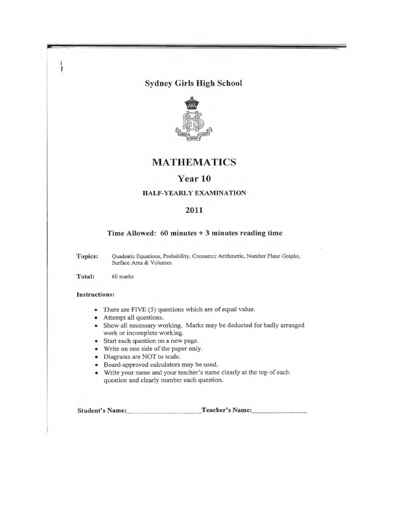 Sydney Girls 2011 Year 10 Maths HY & Solutions | PDF