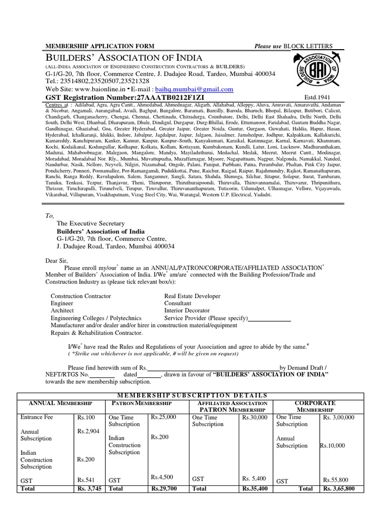 Builders' Association Membership Form | PDF | Engineering | Service ...