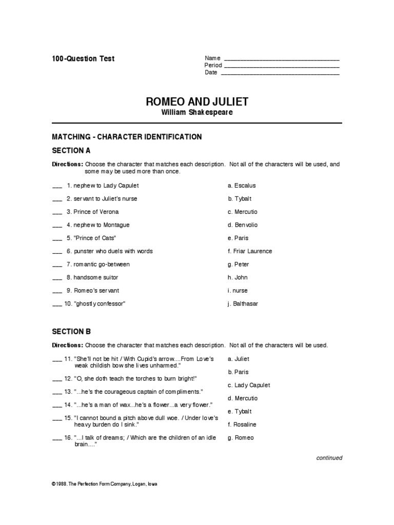 R and J Test Perfection Learning | PDF | Characters In Romeo And Juliet ...
