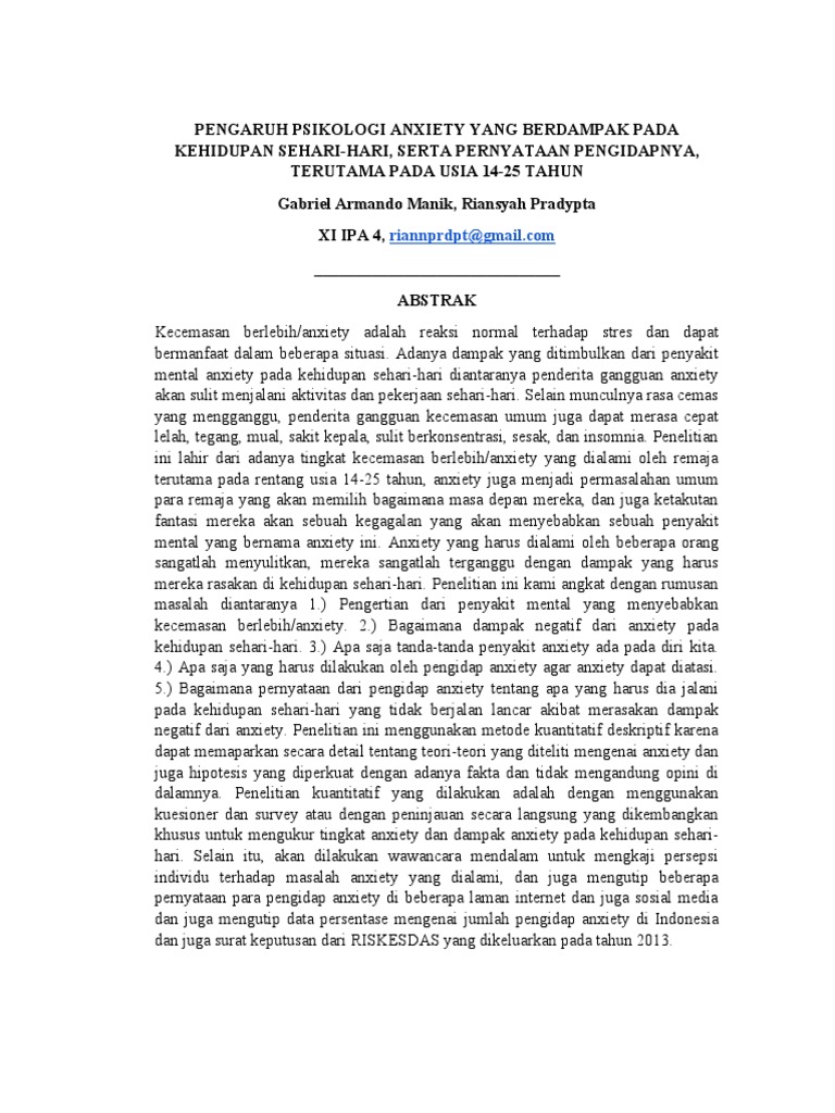 Abstrak Karya Ilmiah Psikologi Anxiety | PDF