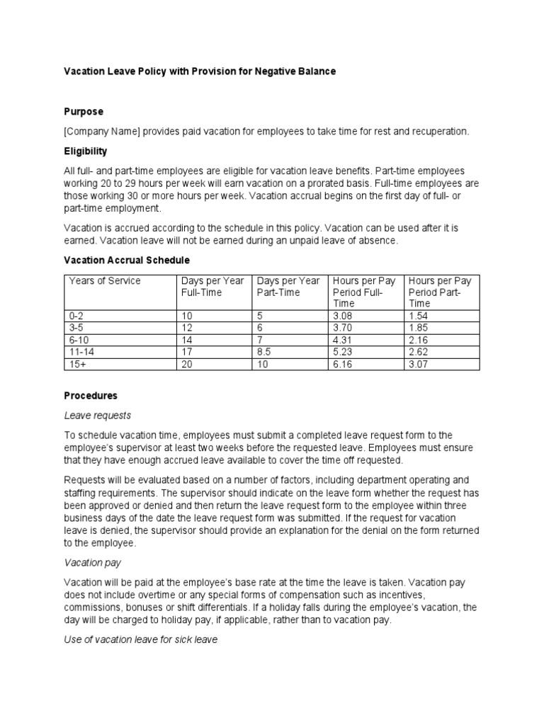 Vacation Leave Policy With Provision For Negative Balance | PDF ...