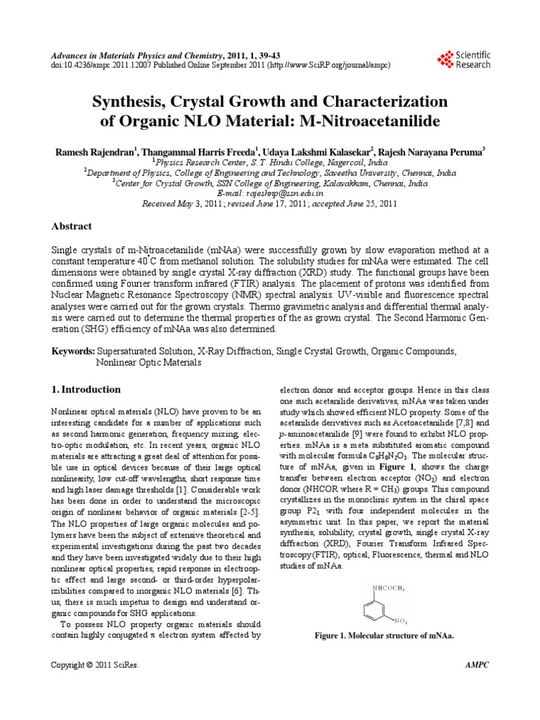 Synthesis Crystal Growth And Characterization Of O Pdf Materials Science Materials