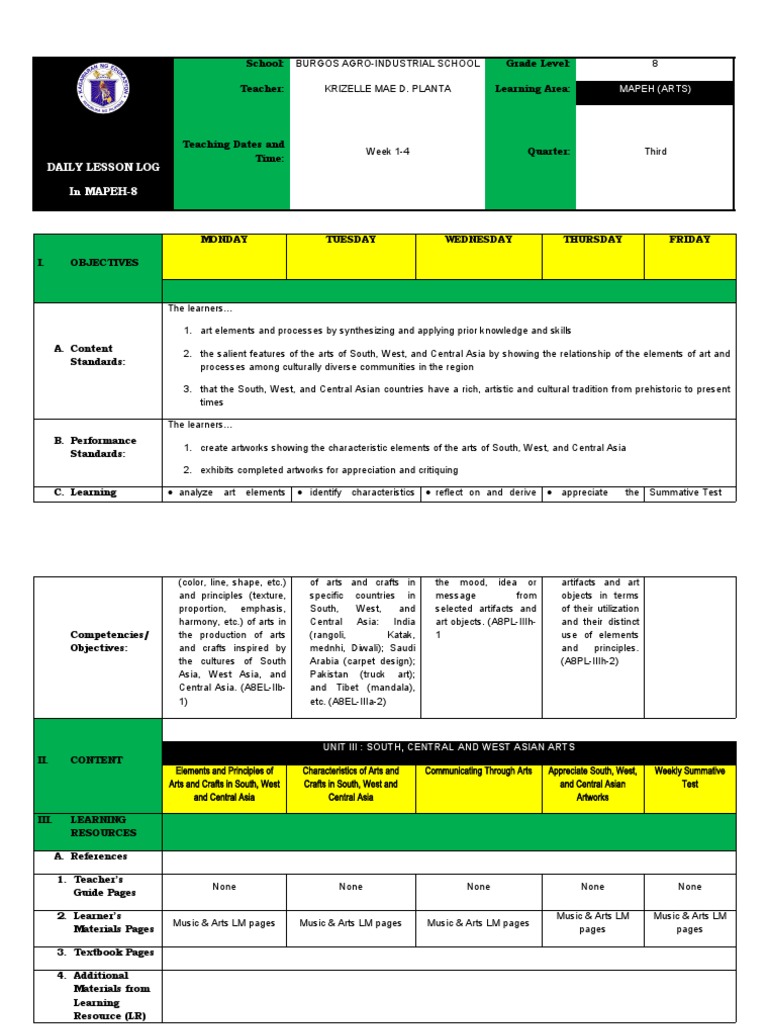 Q3-DLL ARTS 8 - Wk1 | PDF | Learning | The Arts