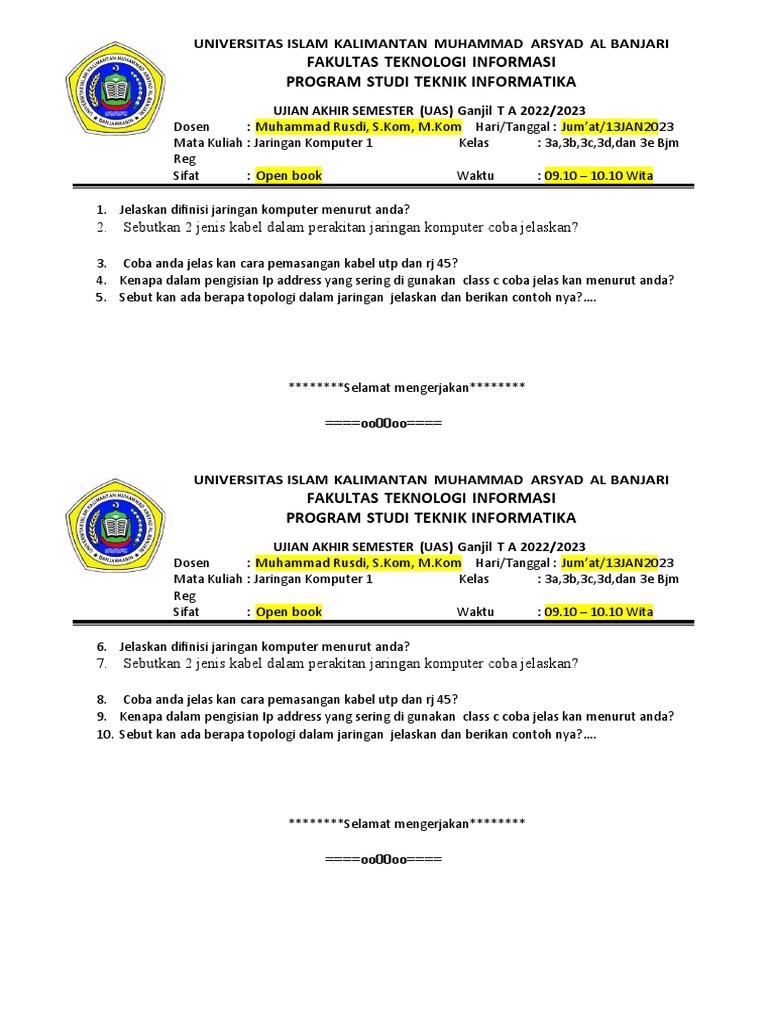 Soal Uas Jarkom 1 | PDF | Seni