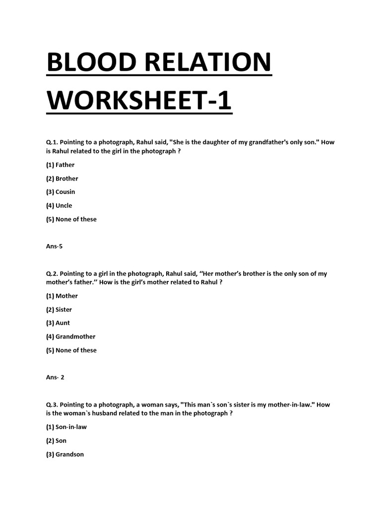Blood Relation Worksheet with Answers | PDF | Family | Living Arrangements