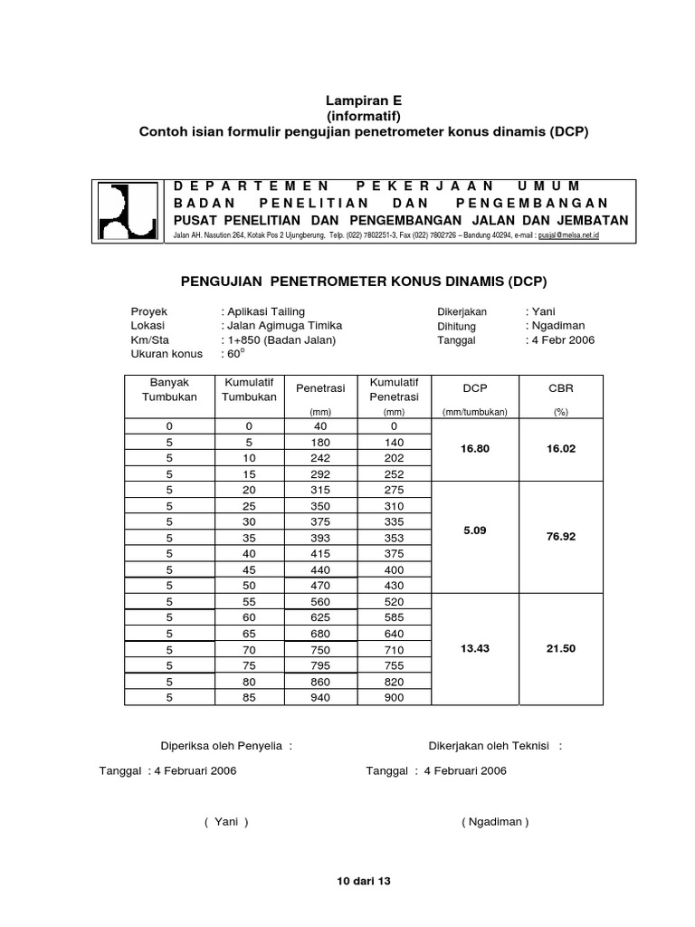 Contoh Isian Formulir Pengujian DCP | PDF
