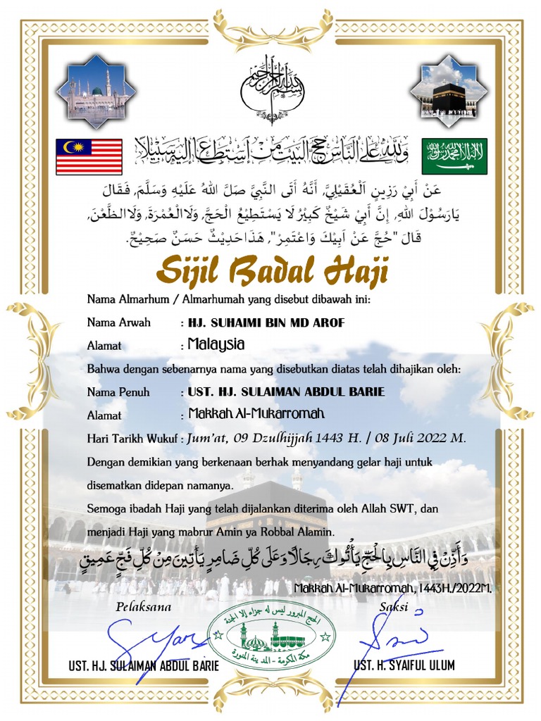 Sertifikat Badal Haji Malaysia | PDF