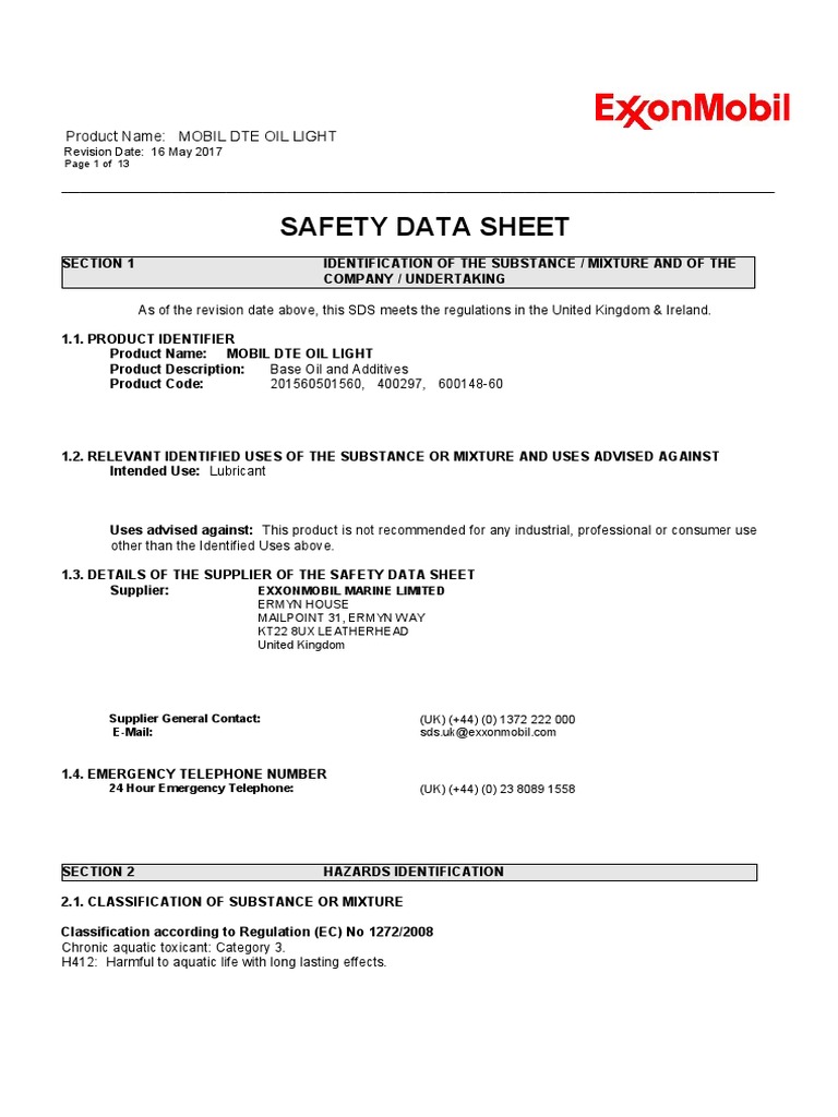 Mobil Dte Oil Light Msds | Download Free PDF | Toxicity | Waste