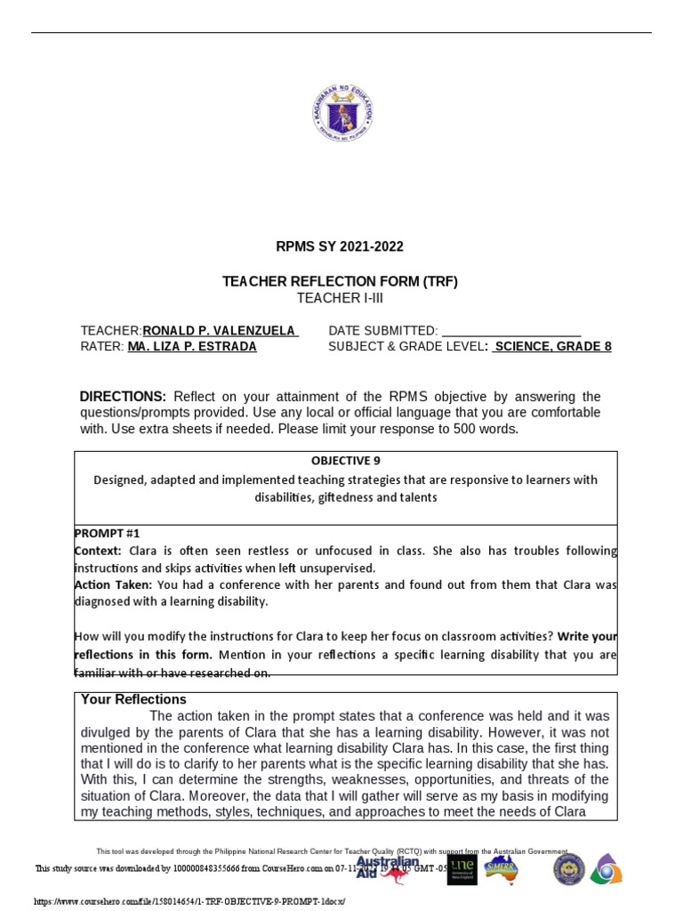 TRF - OBJECTIVE - 9 - PROMPT - 1 Faf | PDF | Learning Disability ...