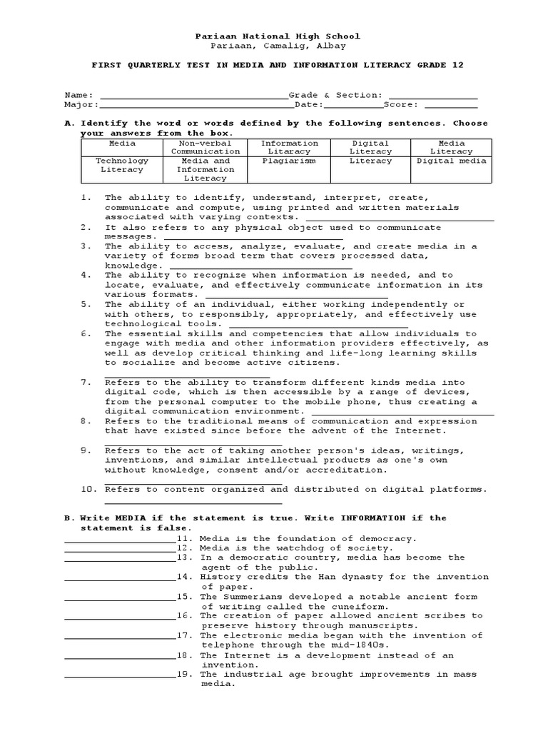 Grade 12 Media Literacy Test | PDF | Media (Communication) | Information