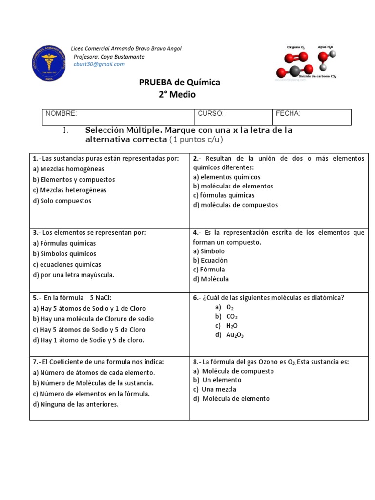 Prueba de Química 2° Medio | PDF | Elementos químicos | Moléculas