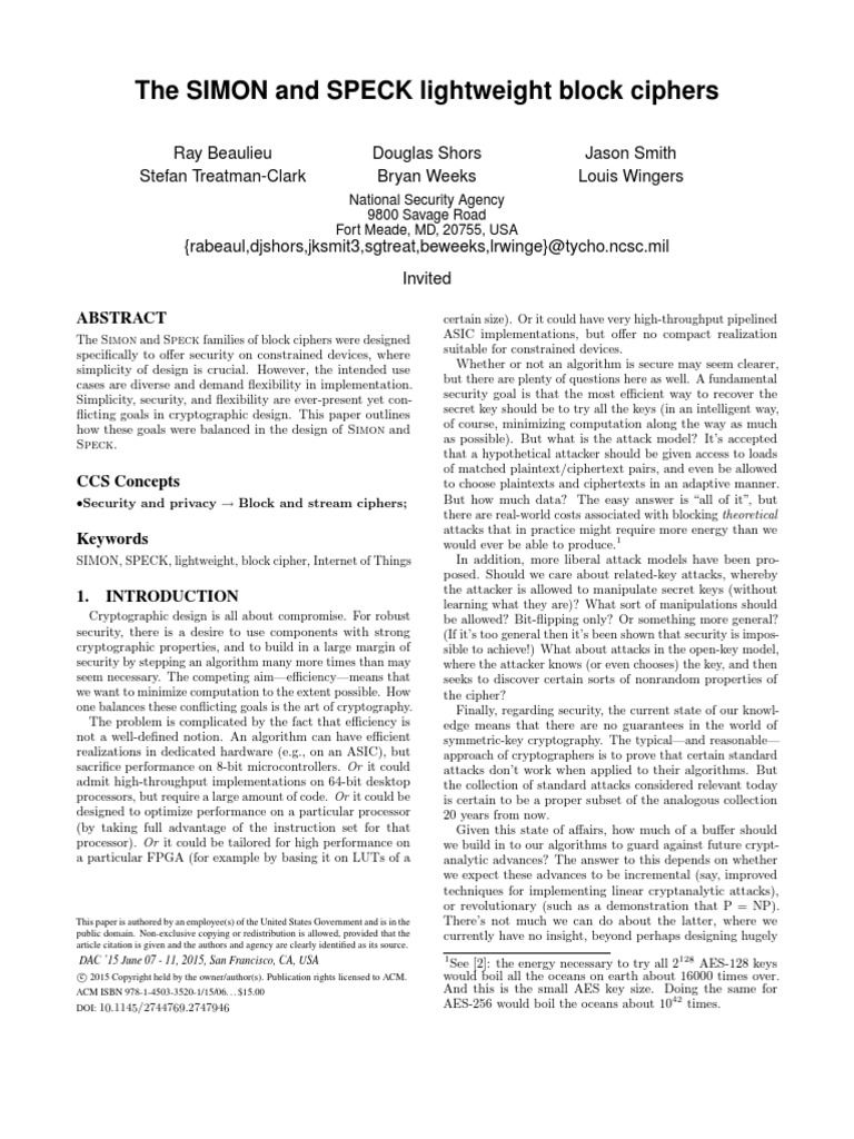 2015 The SIMON and SPECK lightweight block ciphers | PDF | Cryptography | Encryption